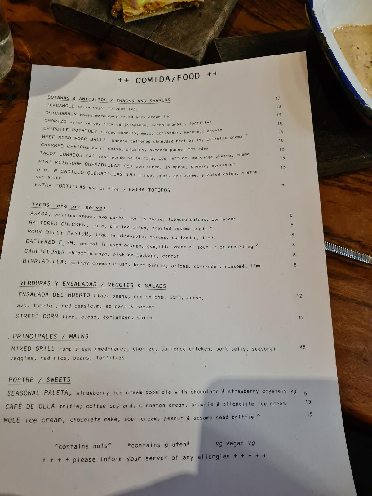 Menu at el Publico, Highgate
