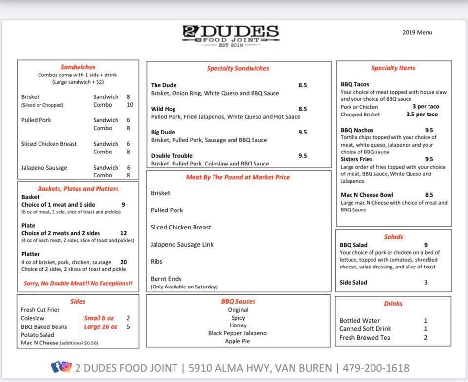 Menu at 2 Dudes Food Joint BBQ, Van Buren, Alma Hwy