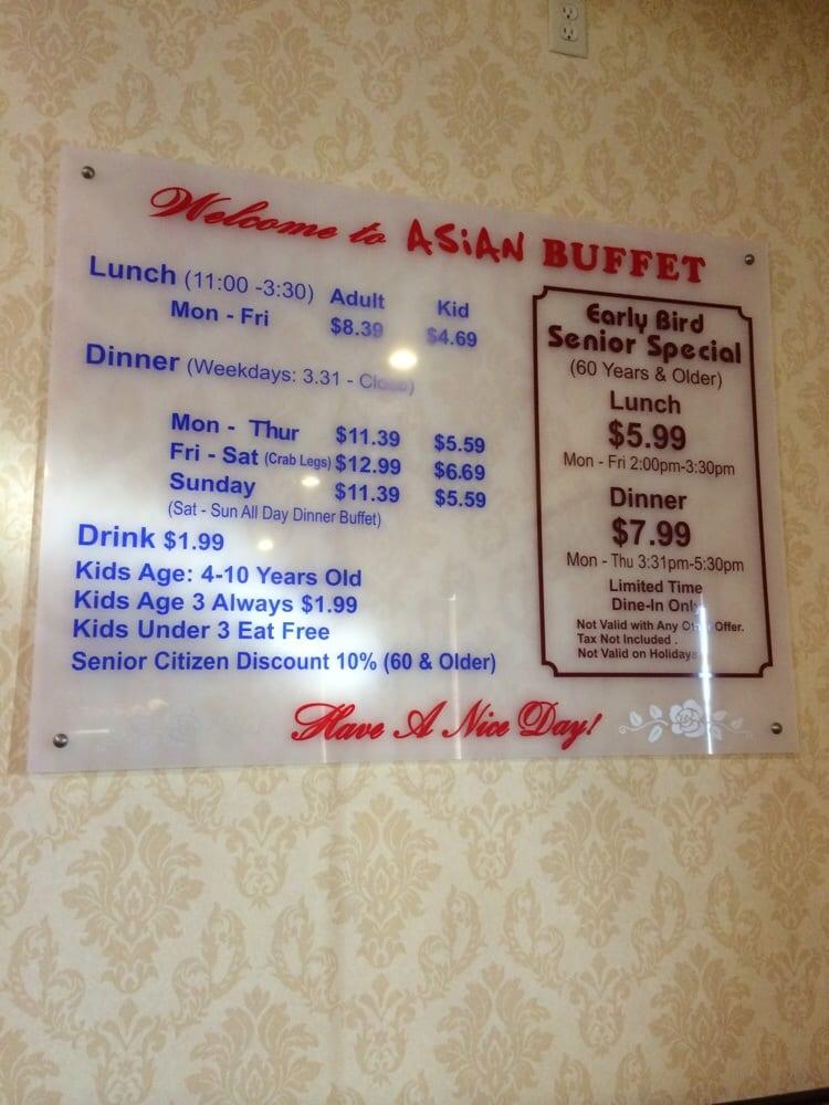 Menu at Asian Buffet restaurant, Killeen