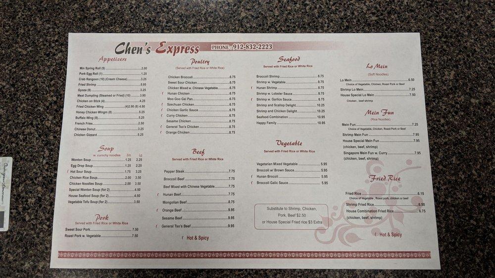 Menu at Chen's Express restaurant, USA