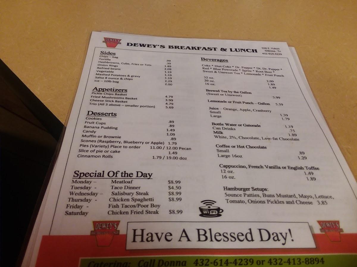 Menu at Dewey's Breakfast Shop restaurant, Odessa