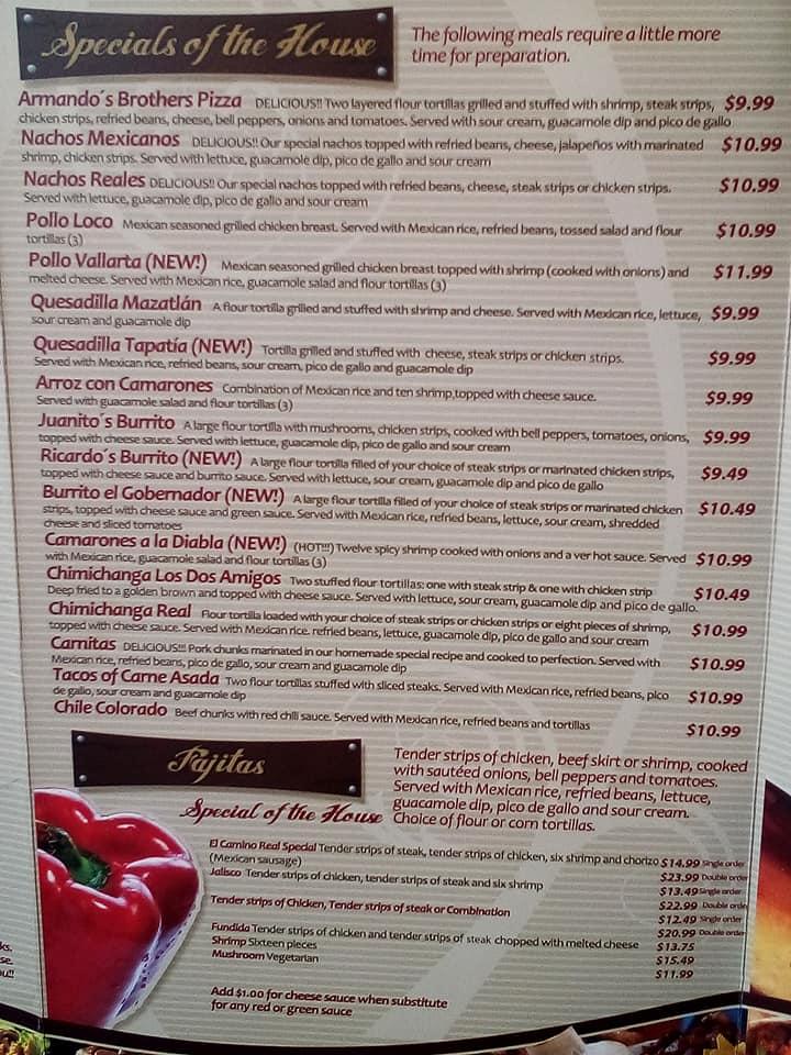 Menu at El Camino Real restaurant, Bluffton, Commerce Dr