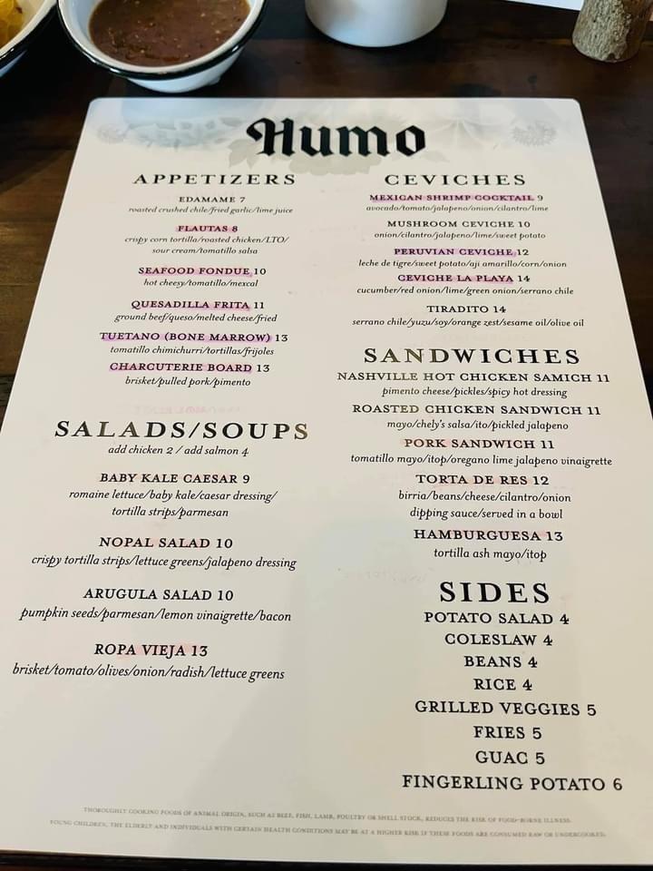 Menu at Humo restaurant, Tyler