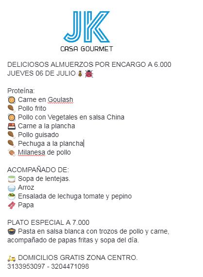 Menu at JK Casa-Gourmet restaurant, Cúcuta