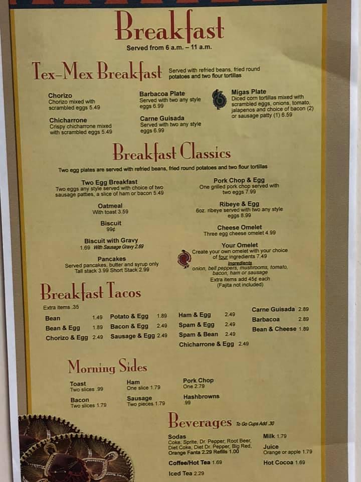 Menu at Tres Hermanas restaurant, George West, Hwy 281 (physical