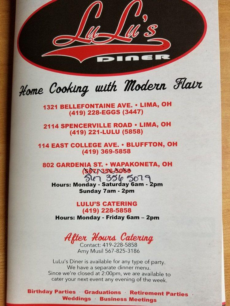Menu at LuLu's Diner restaurant, Lima, Bellefontaine Ave
