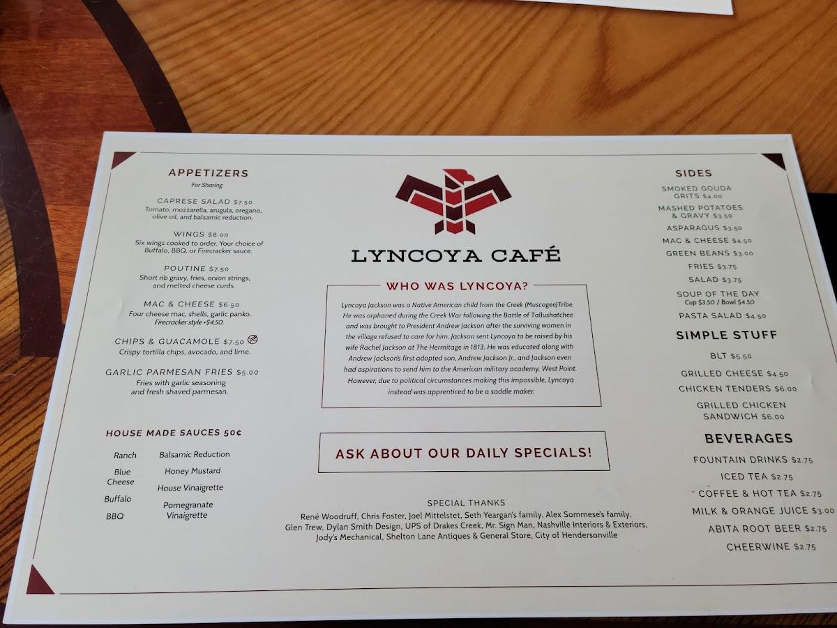 Menu at Lyncoya Cafe, Hendersonville
