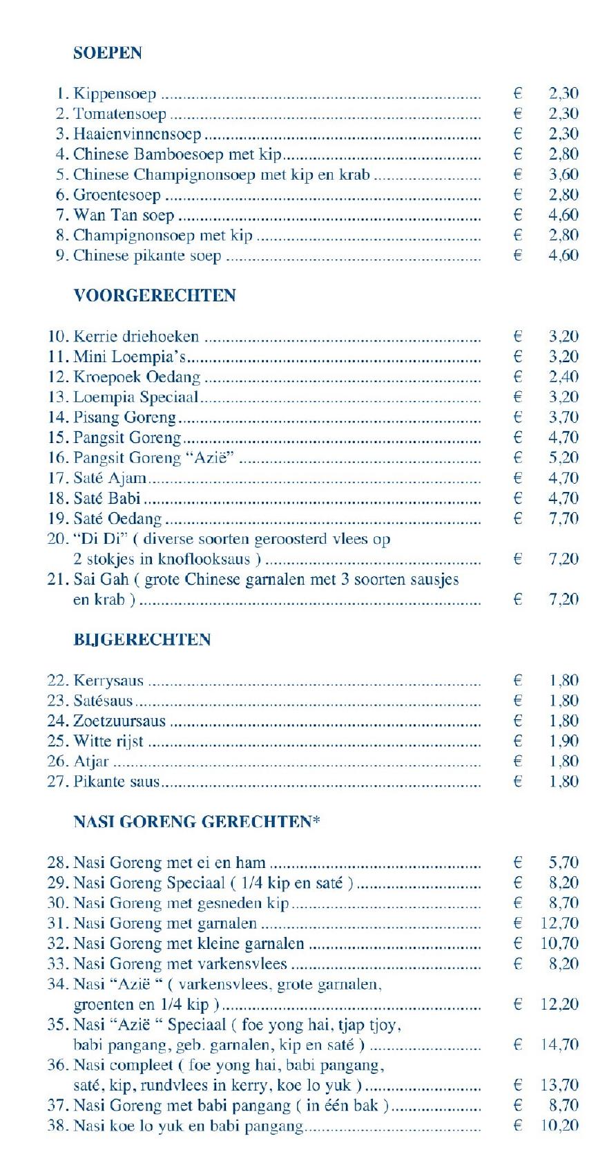 Menu at Restaurant Azie, Ammerzoden