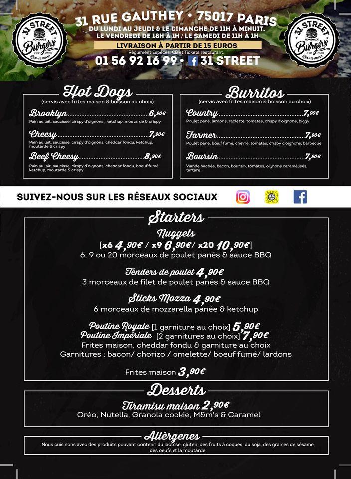 Menu at 31 Street Burgers restaurant, Paris