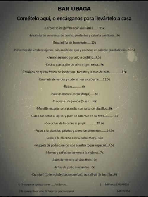 Carta de Bar Ubaga, Ezcaray