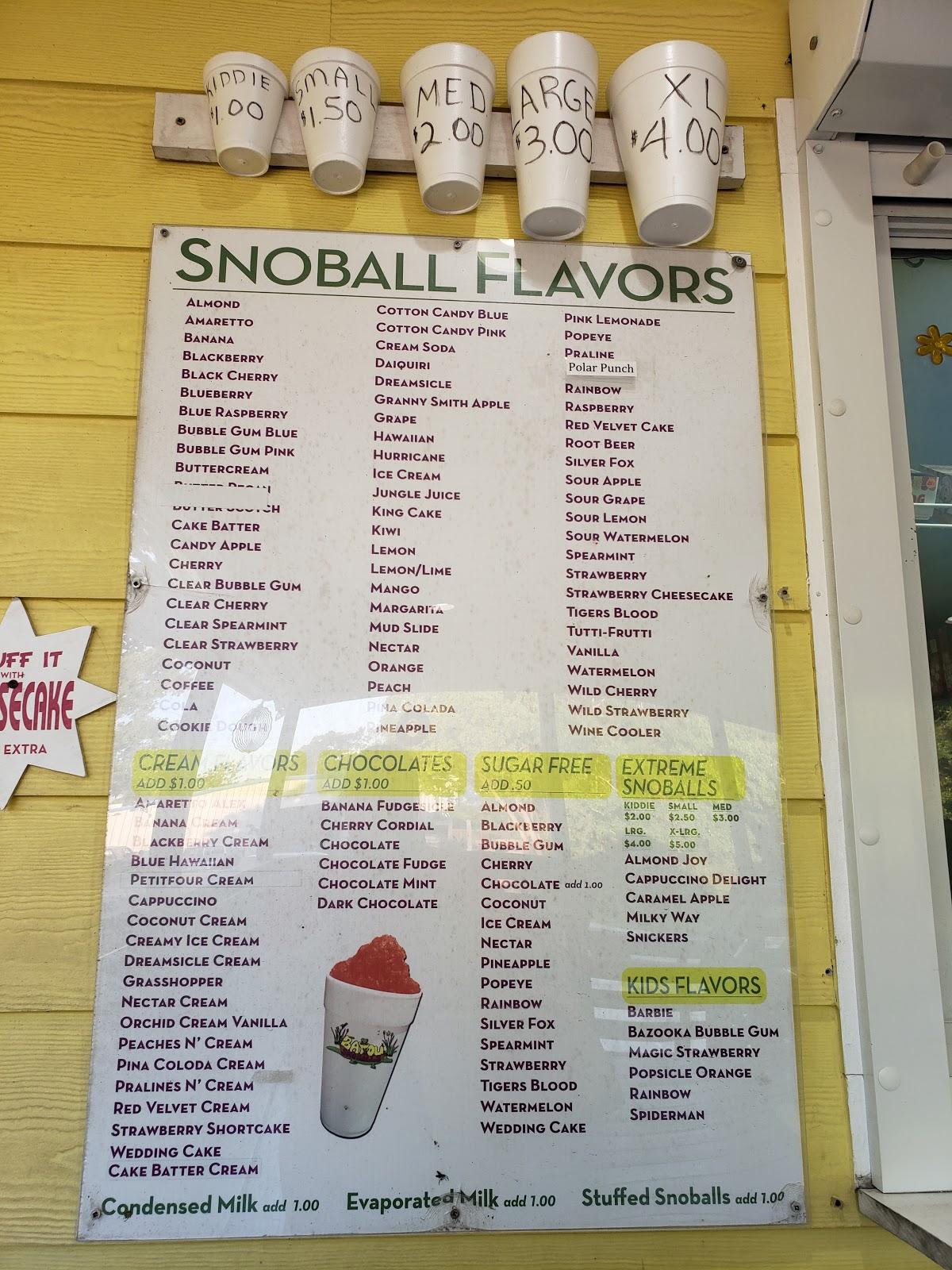 Menu at Bayou Snowballs desserts, Slidell, 698 Old Spanish Trail