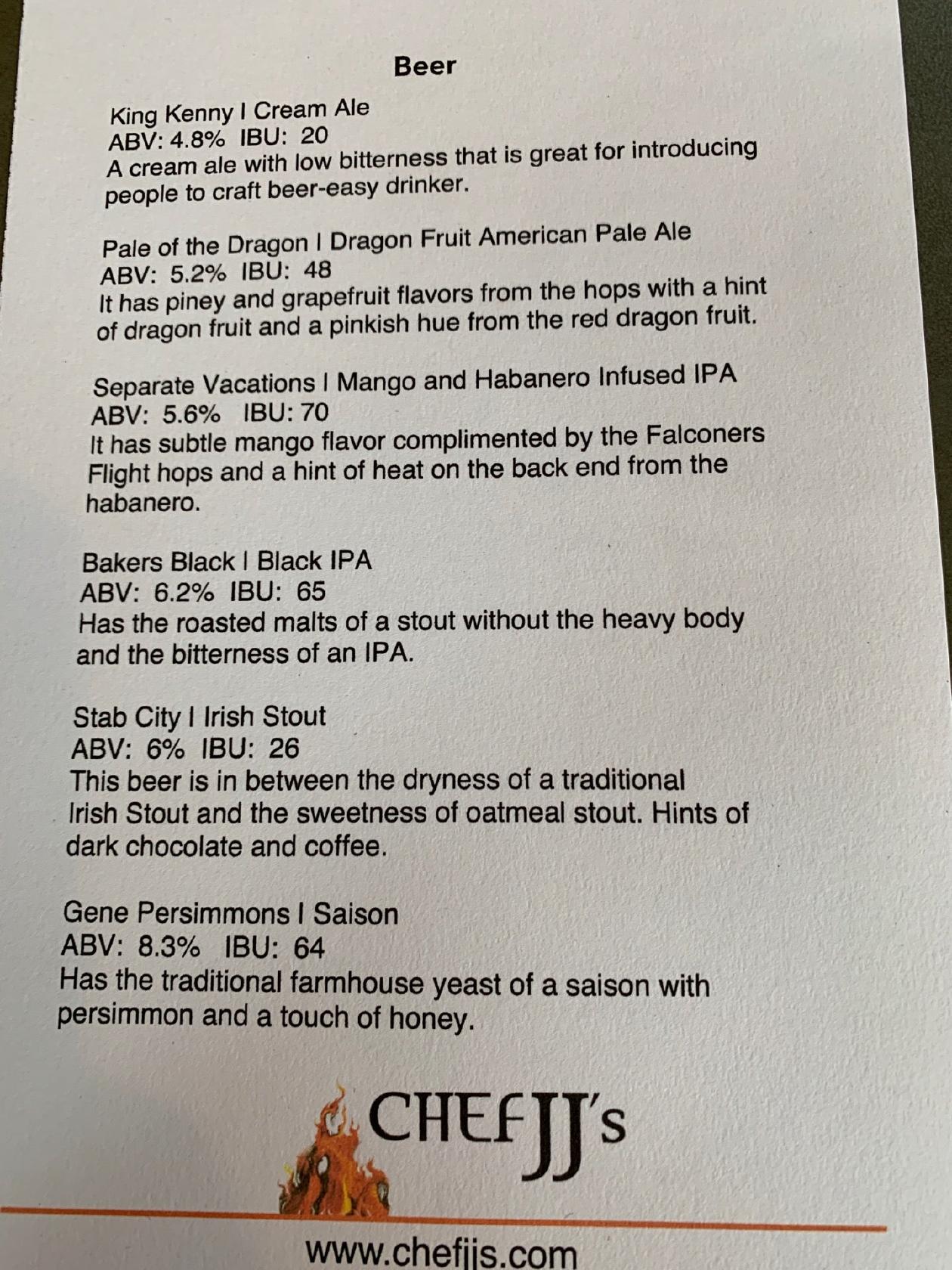 Menu at Chef JJ's Downtown restaurant, Indianapolis