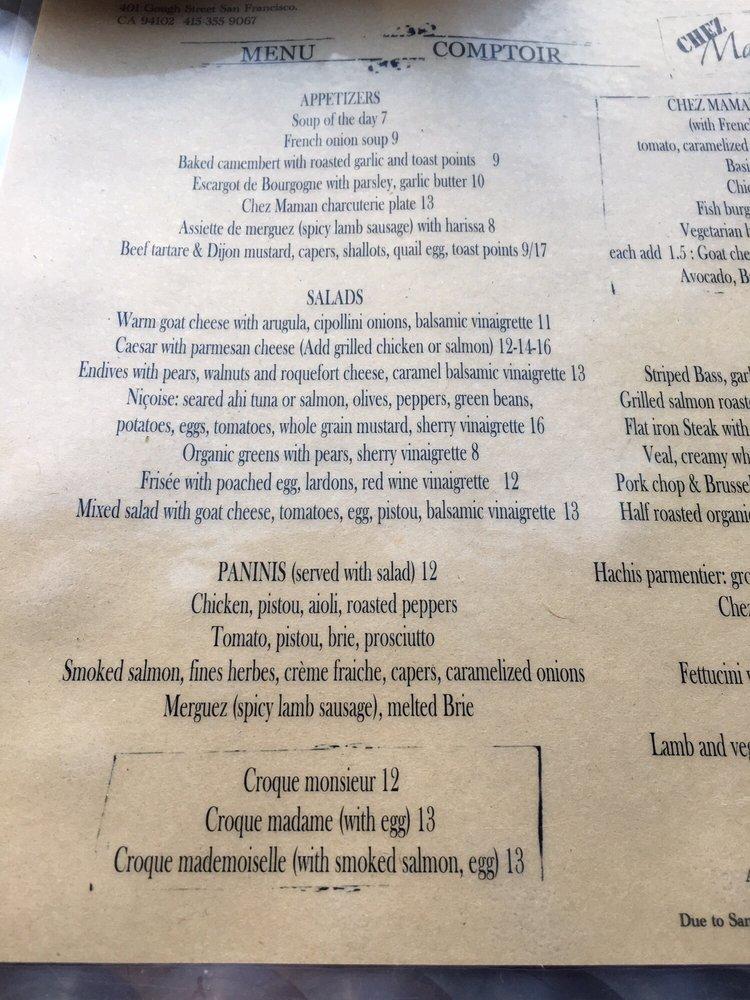 Menu at Chez Maman West restaurant, San Francisco, 401 Gough St