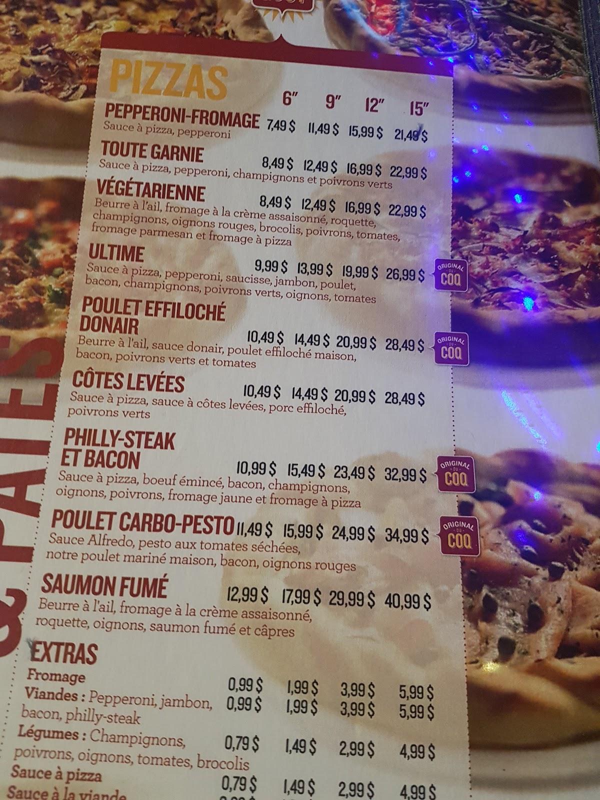 Menu au Coq Rôti Chibougamau pizzeria, Chibougamau