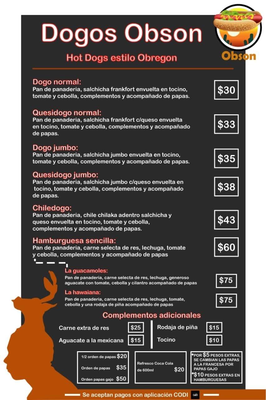 Menu at Dogos obson restaurant, Mazatlán