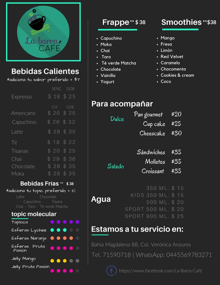 Menu at La Barra Café, Mexico City, Bahía Magdalena 88 -A