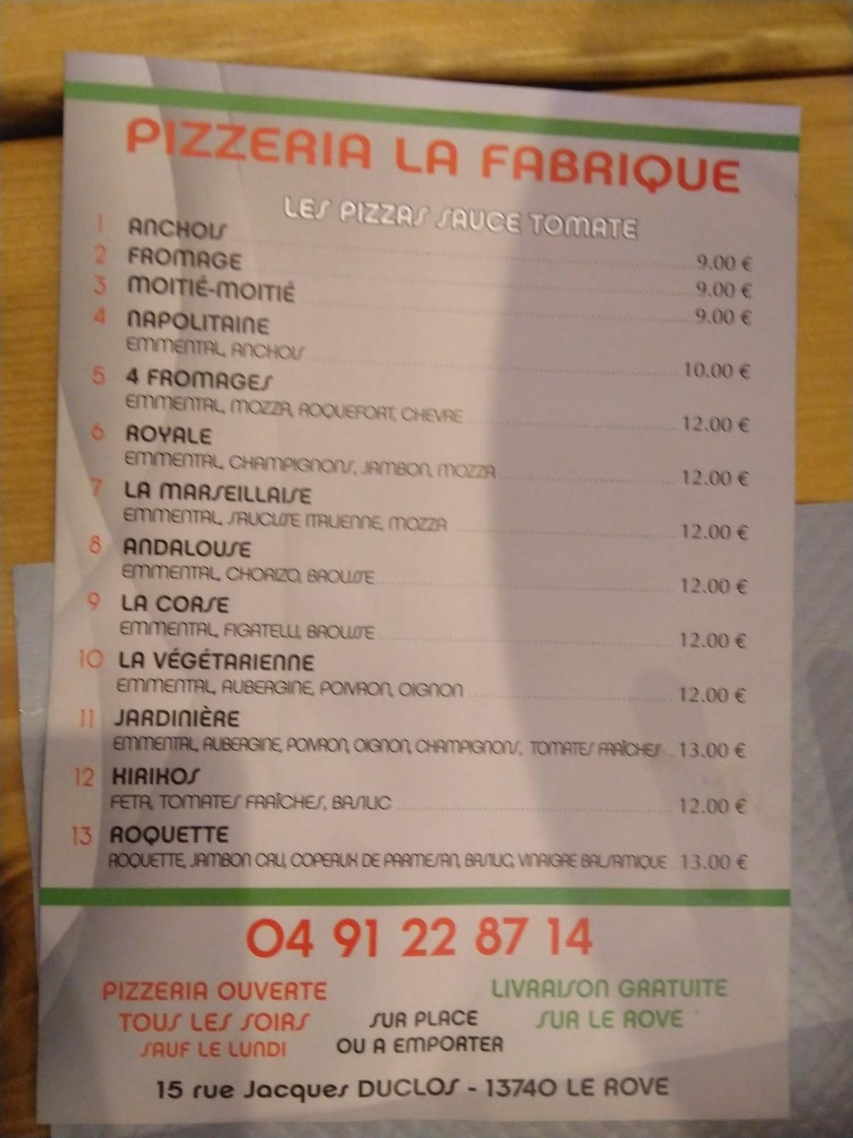 Menu at La Fabrique pizzeria, Le Rove
