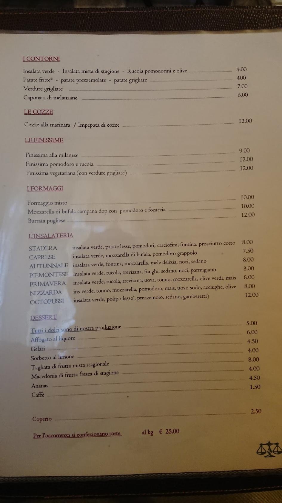 Menu da La Stadera ristorante con griglia, Torino