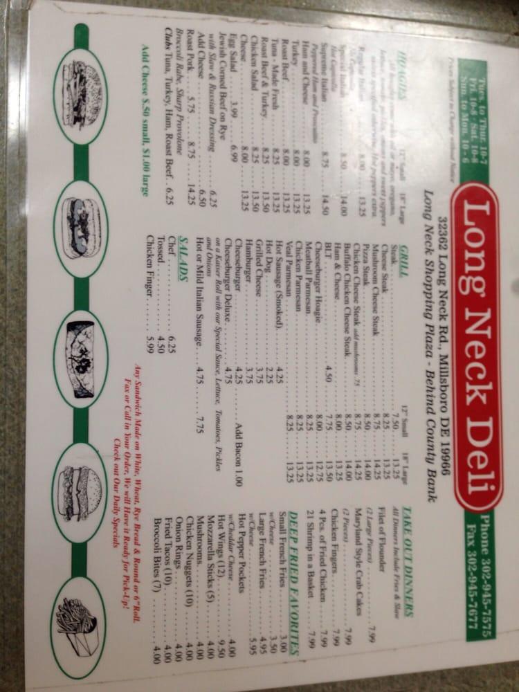 Menu at Long Neck Deli restaurant, Long Neck, Long Neck Rd