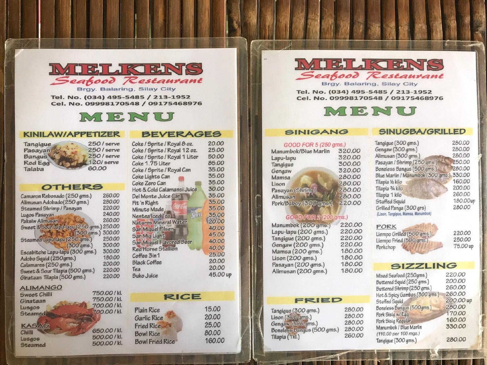 Menu at Melkens Seafood Restaurant, Silay City