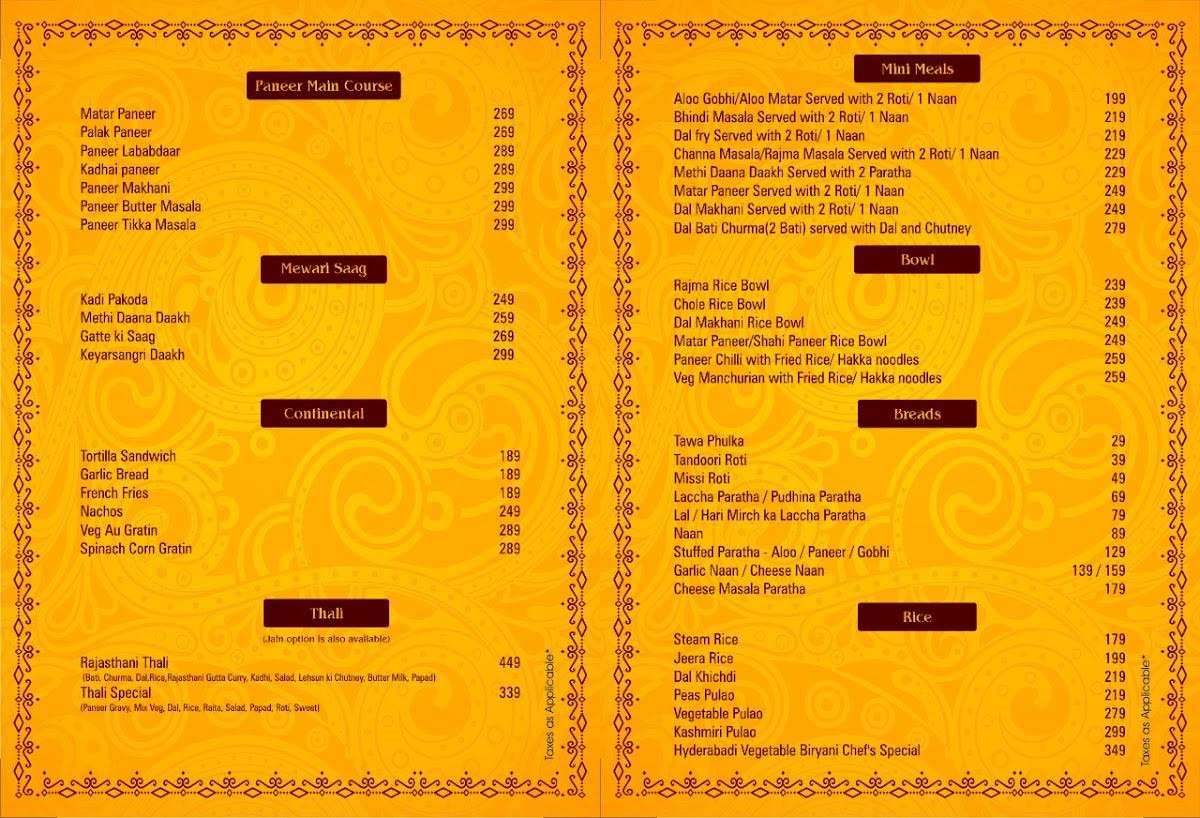 Menu at Mewar Haveli - At Lake Pichola, Udaipur