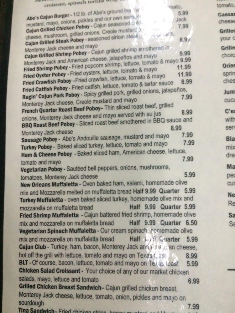 Menu at Abe's Cajun Market restaurant, Houston