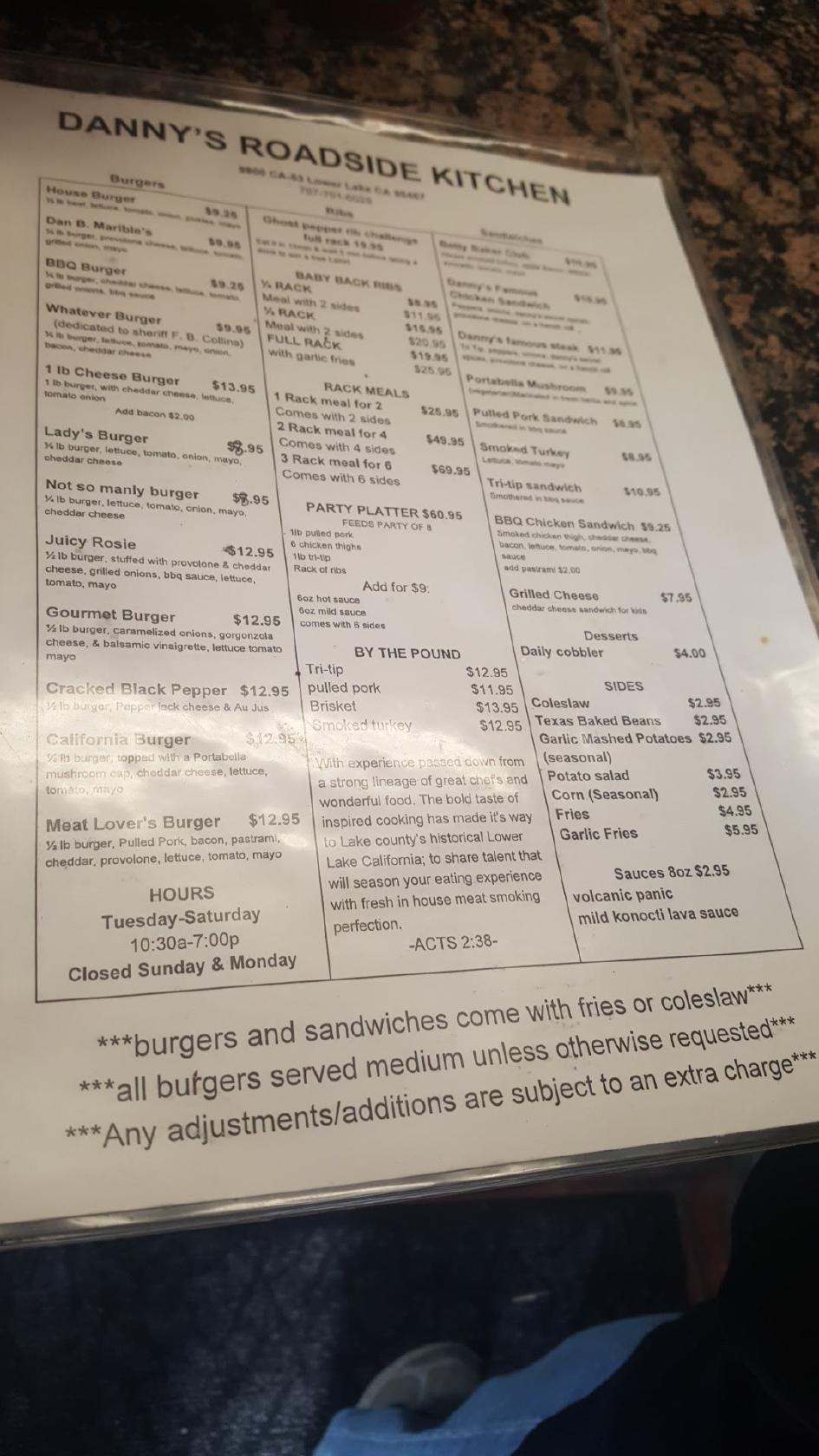Menu at Danny's Roadside Kitchen BBQ, Lower Lake