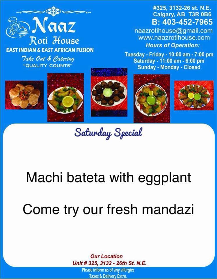 Menu at Naaz Roti House restaurant, Calgary