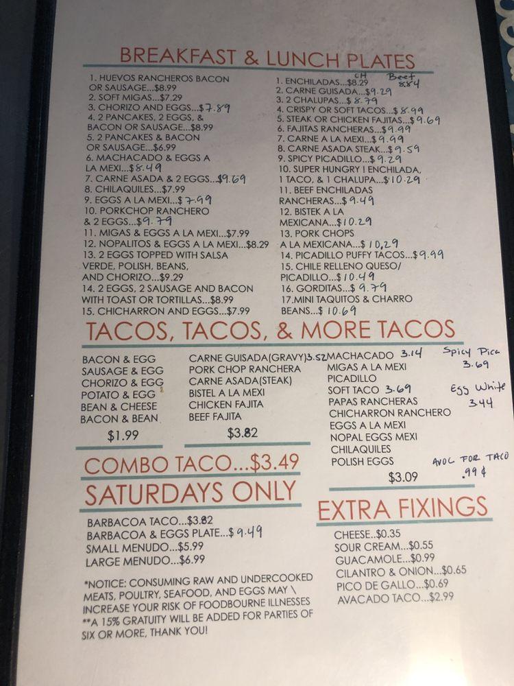 Menu at Pica Taco restaurant, McQueeney
