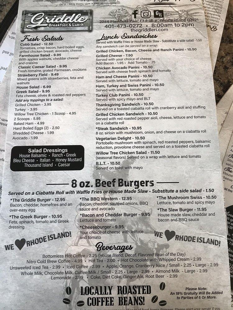 Menu at The Griddle restaurant, Cranston