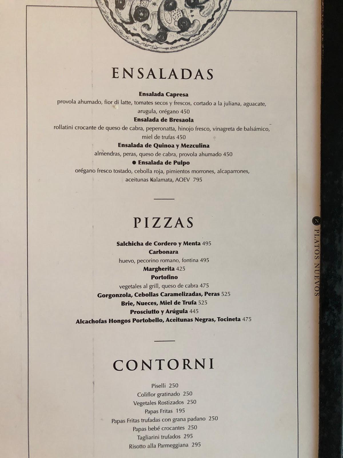 Menu at Bottega Fratelli restaurant, Santo Domingo