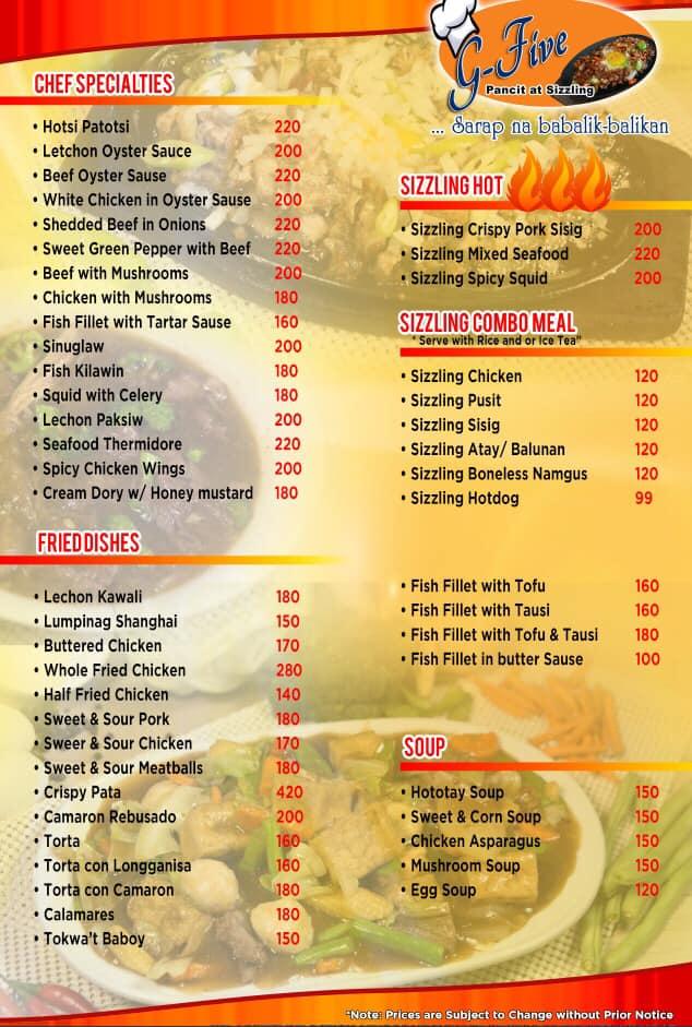Menu at G-Five Pancit at Sizzling restaurant, Marikina, 838 J. P. Rizal St