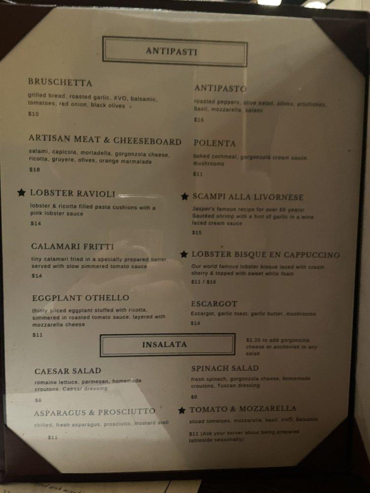 Menu at Jasper's Italian Restaurant, Kansas City