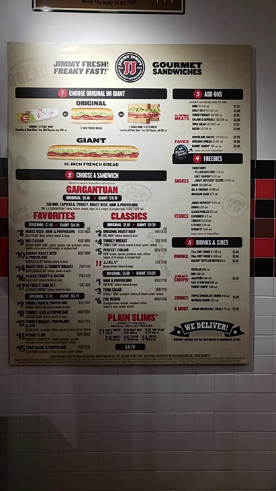 Menu at Jimmy John's fast food, St. Louis, Telegraph Rd