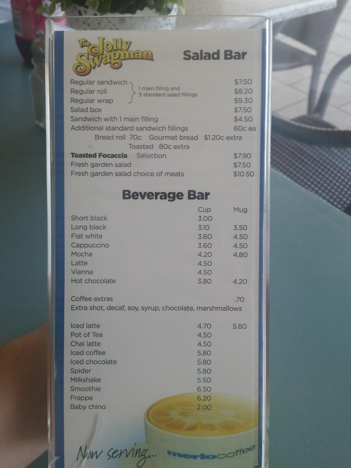 Menu at The Jolly Swagman Cafe, Rochedale