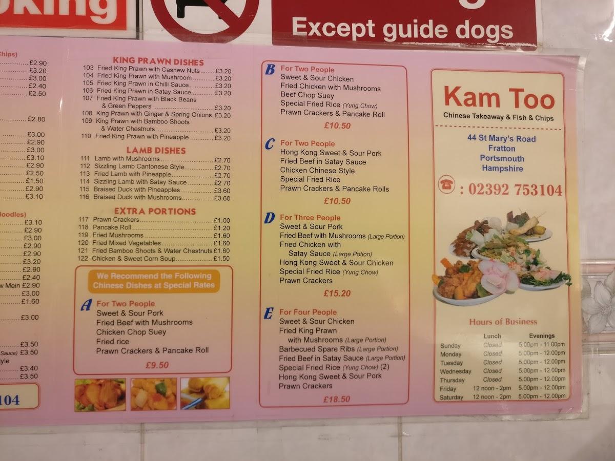 Menu at Kam Too fast food, Portsmouth