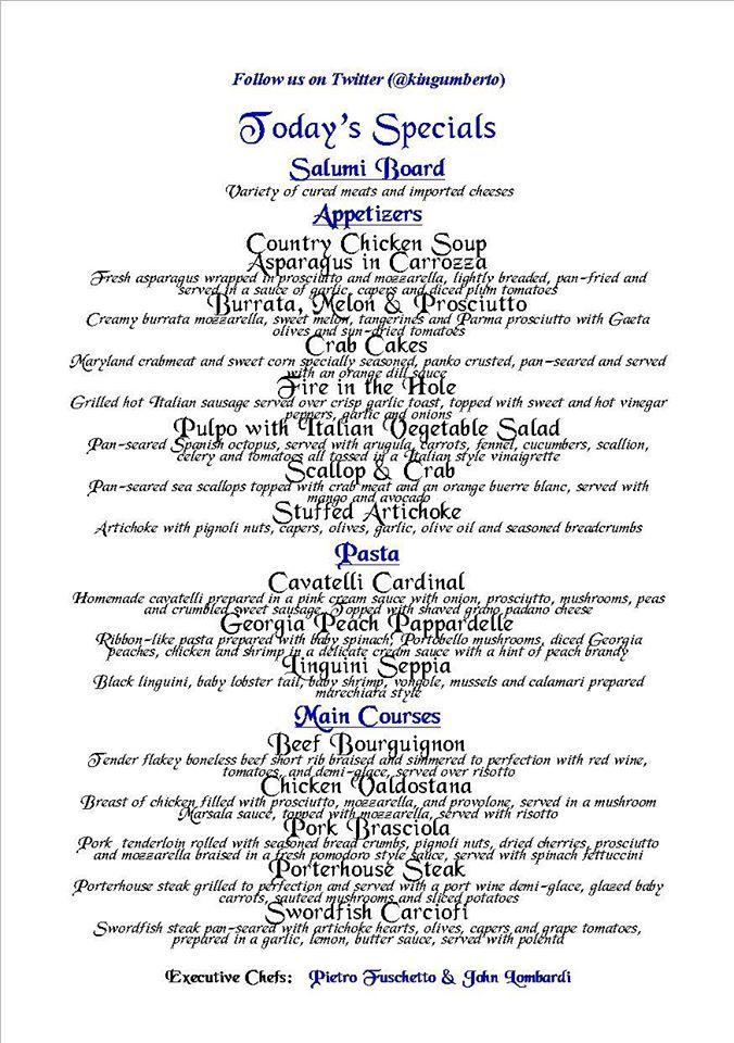 Menu at King Umberto pizzeria, Elmont