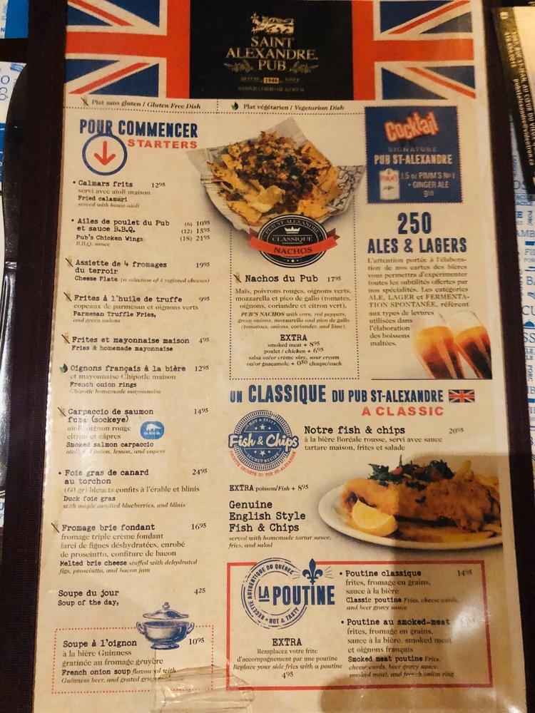 Menu at Pub St-Alexandre, Québec City