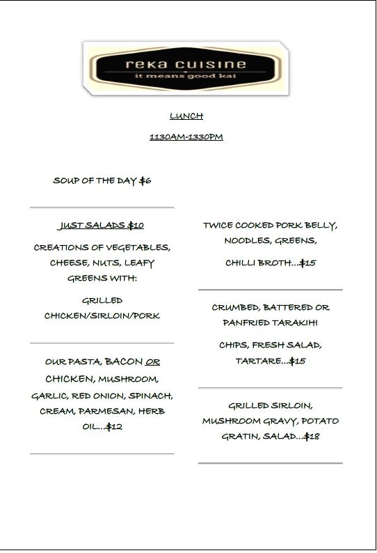 Menu at Reka Cuisine cafeteria, Gisborne