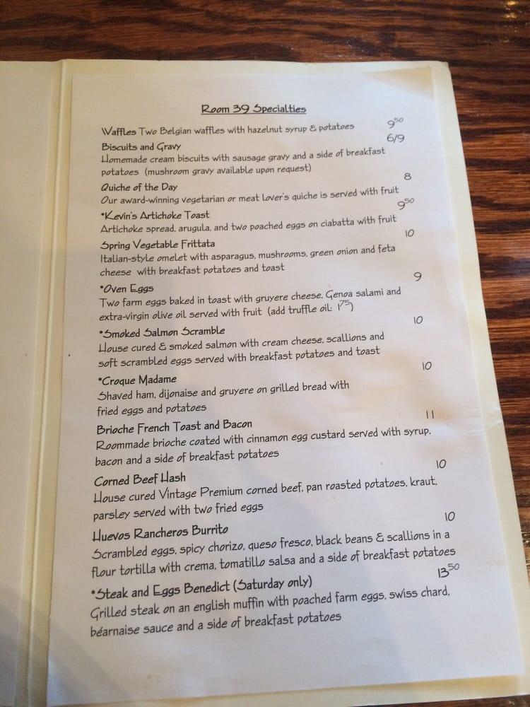 Menu at Room 39 restaurant, Kansas City