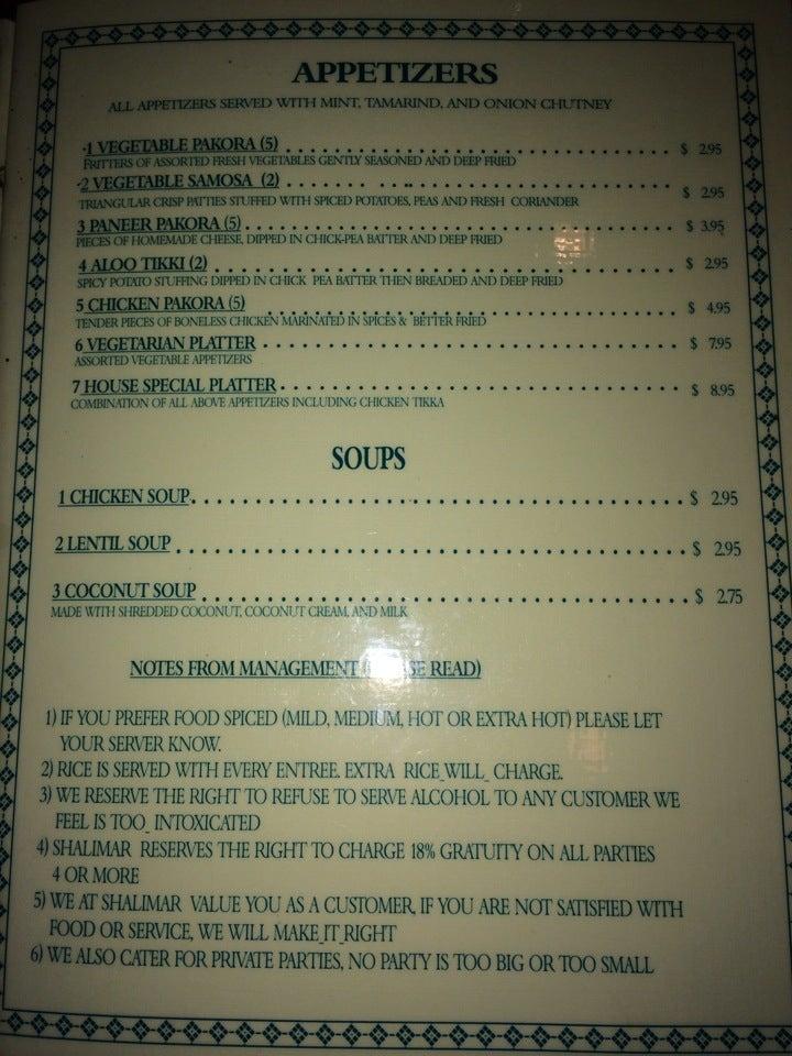 Menu at Shalimar Indian Restaurant, Indianapolis