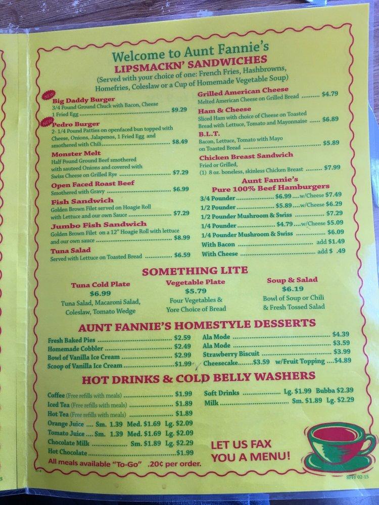 Menu at Aunt Fannie's Restaurant, Ocala, S Pine Ave