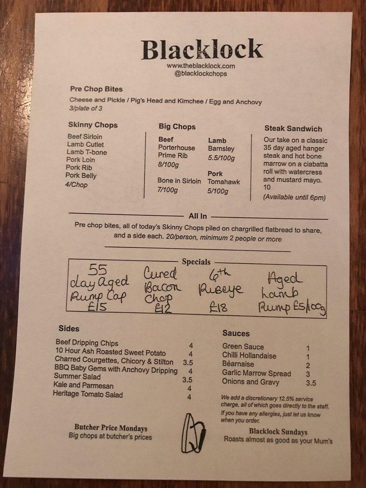 Menu at Blacklock Soho pub & bar, London, 24 Great Windmill St
