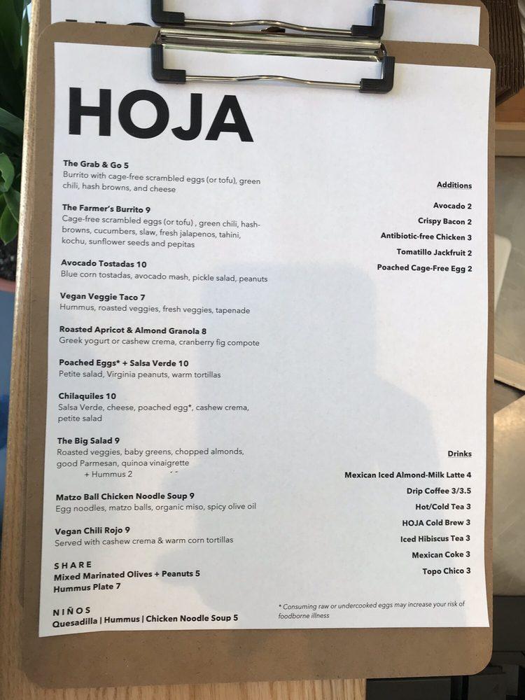 Menu at HOJA cafe, Denver