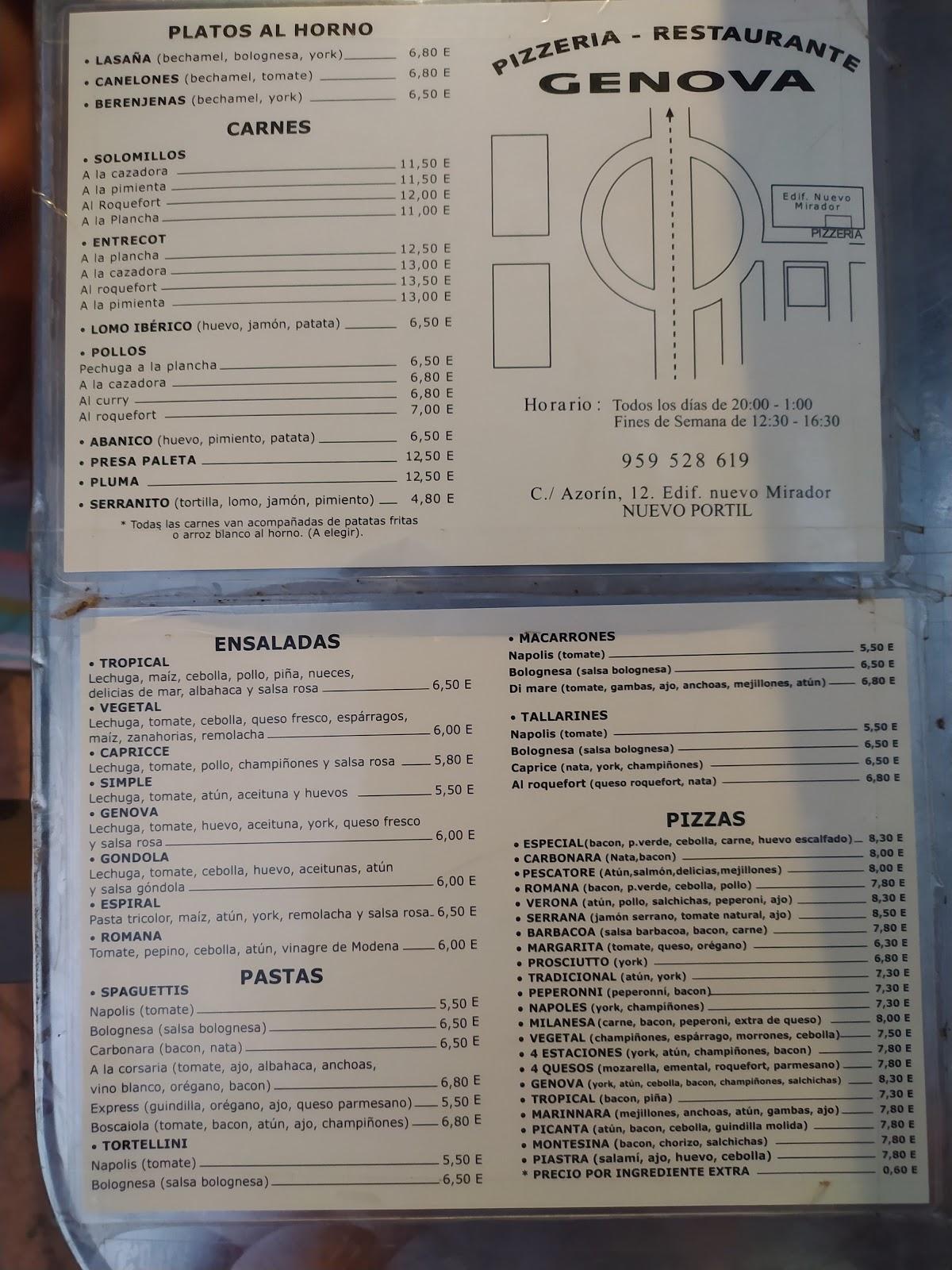 Menu at Restaurante Pizzería Génova, Nuevo Portil