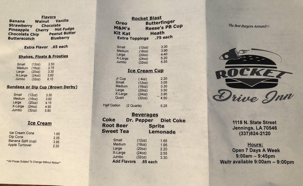 Menu at Rocket Drive Inn restaurant, Jennings