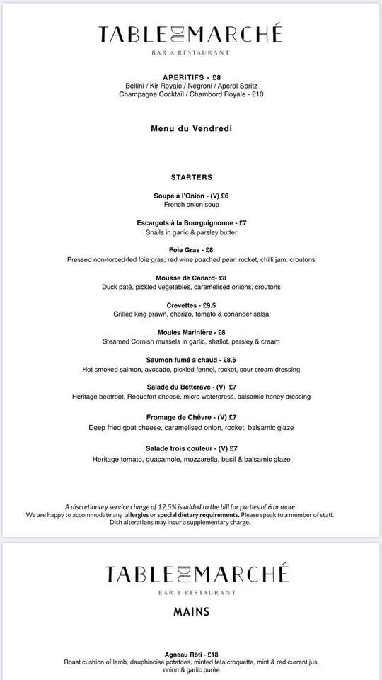 Menu at Table Du Marche restaurant, London