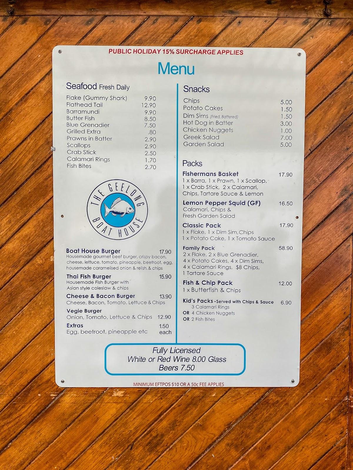 Menu at The Geelong Boat House restaurant, Geelong