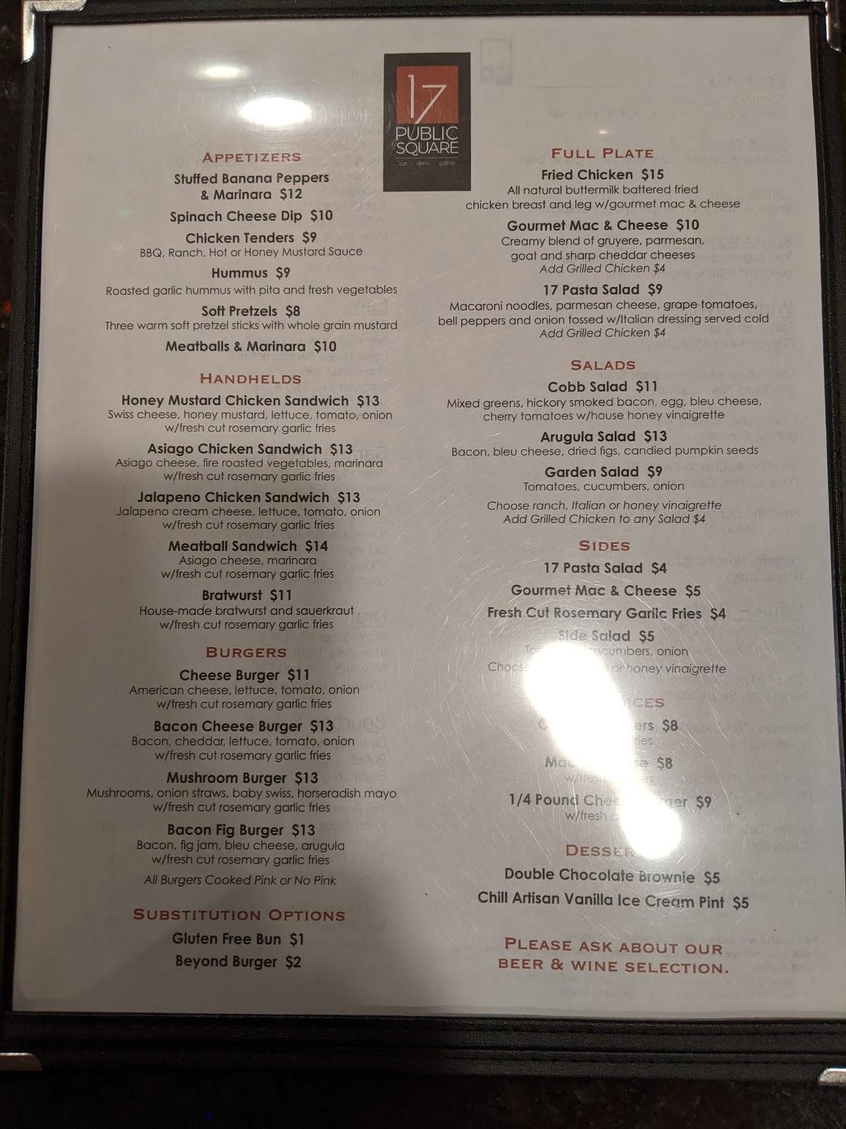 Menu at 17 Public Square, Medina