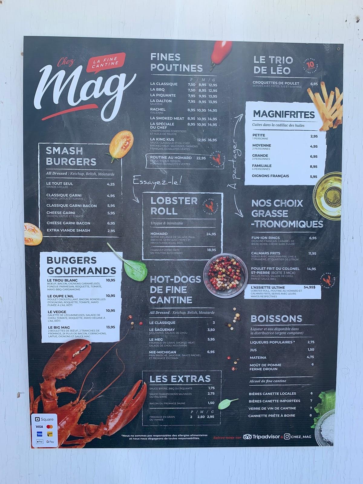 Menu au Chez Mag, La Fine Cantine fast food, Canada, Chem. Royal